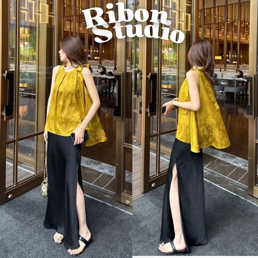 Ribon long slit silk skirt with low waist, one layer, elegant Korean ...