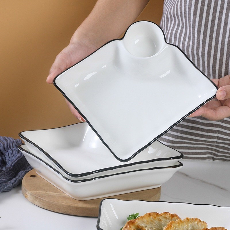 Odd square plate with dipping tray, high quality black border pattern ...