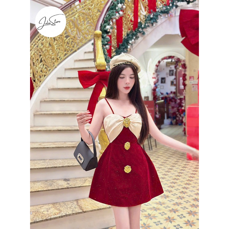 SA Dress designed with red velvet and sequins, 2 straps, bow tie, logo ...