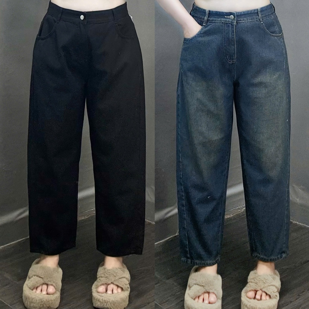 Women's Bigsize baggy pants in thick denim with high waist and elastic ...