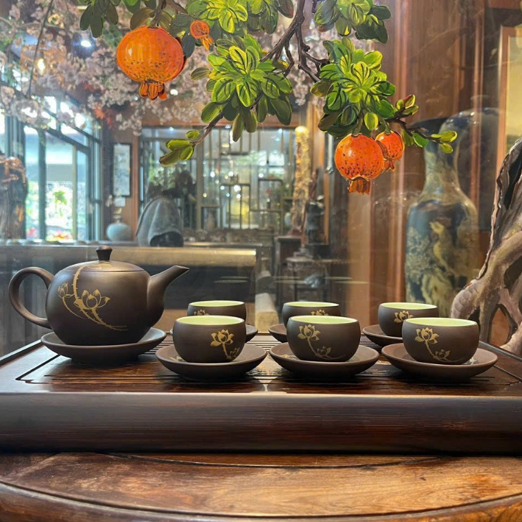 Lotus Brown Tea Set + Bat Trang + Artisan Pham The Anh + Capacity 300ml ...