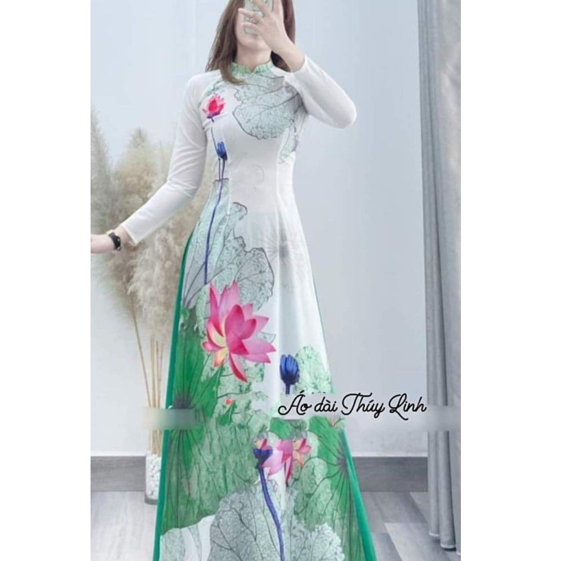 Silk ao dai model with lotus print on white background - Hanoi Ao Dai ...