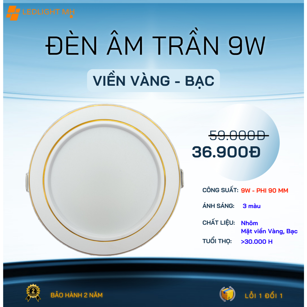 9w Led Downlight with Gold and Silver Border, 3 Color Modes (White ...