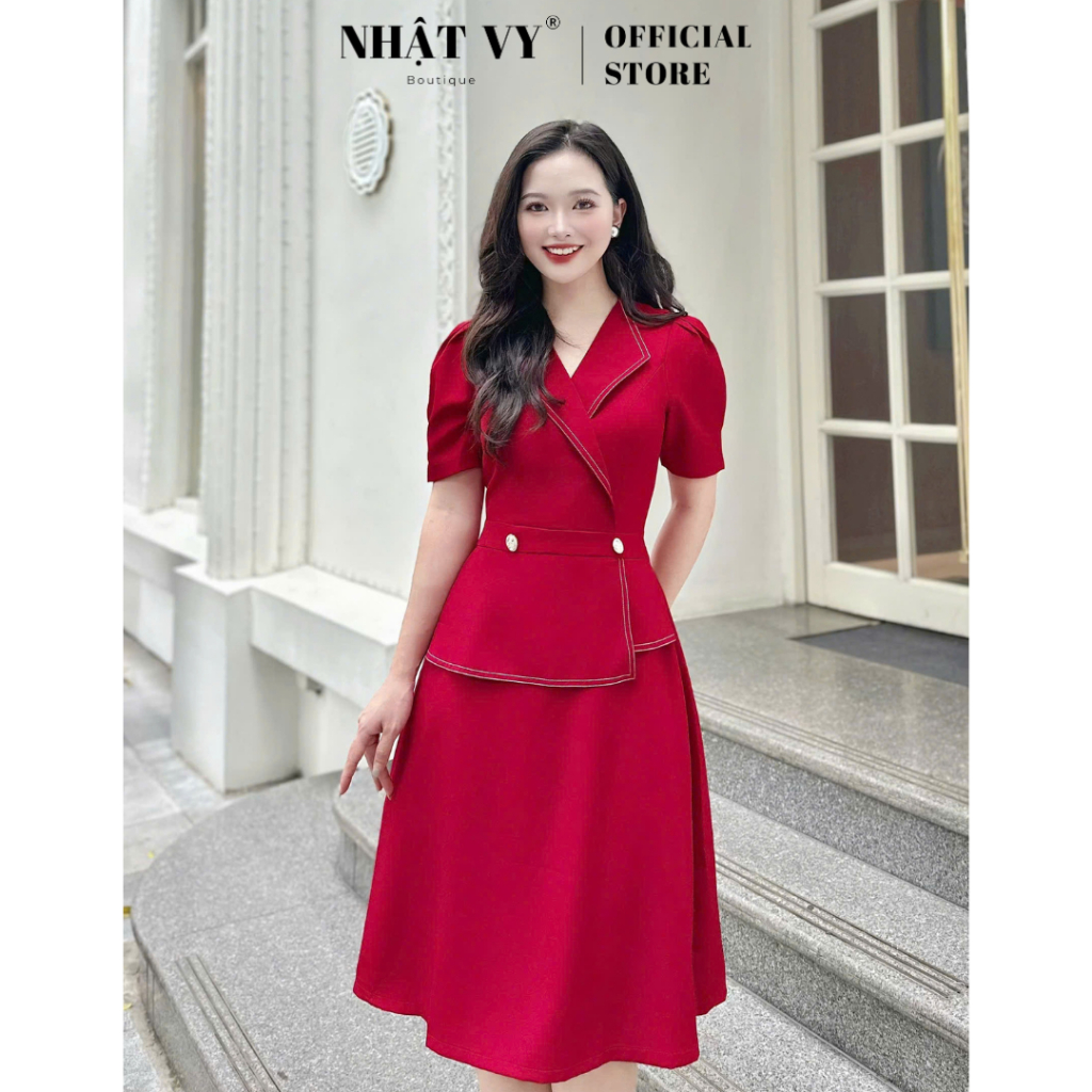 Office dress designed by Nhat Vy peplum with thread trim, flared shape, made of silk, suitable ...
