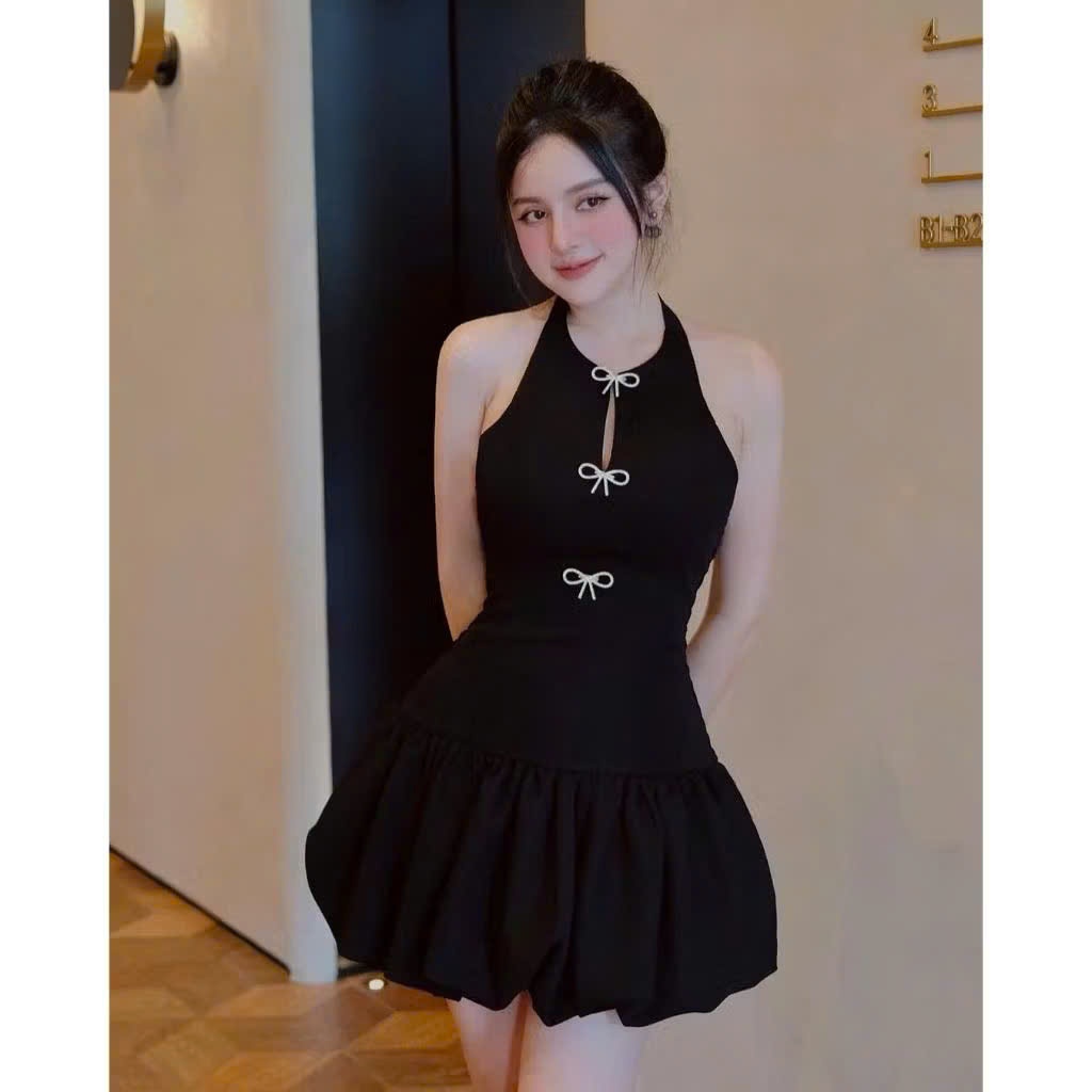 Dress Sleeveless Shrug elastic halter neck bow bust short flared skirt ...