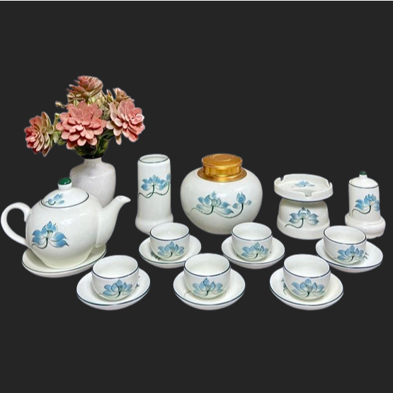 Bat Trang hand-painted cream enamel tea set with persimmon shape ...