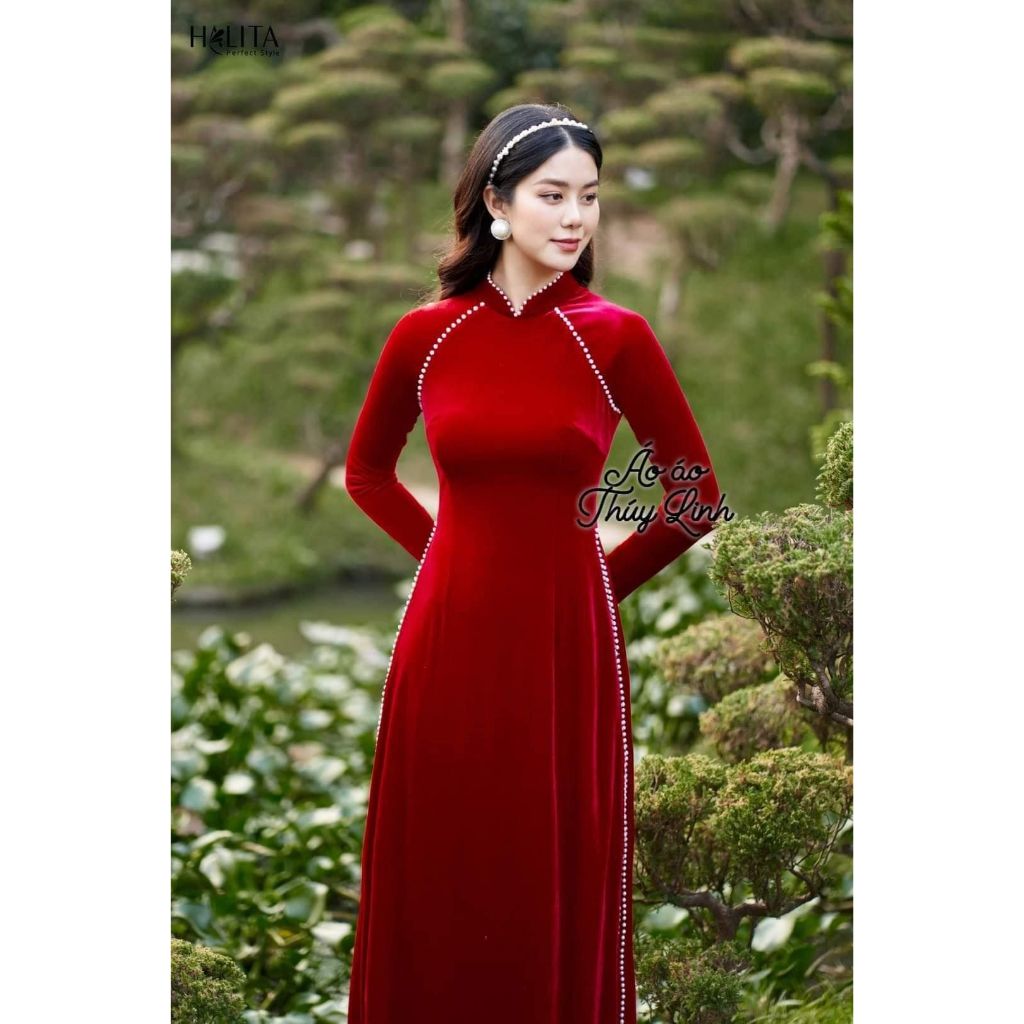 Traditional red velvet beaded ao dai model - Hanoi Ao Dai 66 (with real ...