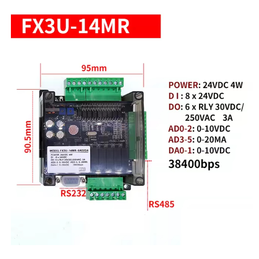 Plc Industrial Control Board FX3U-14MR FX3U-14MT 8 Input 6 Output 6AD 2DA and RS485 RTC ...