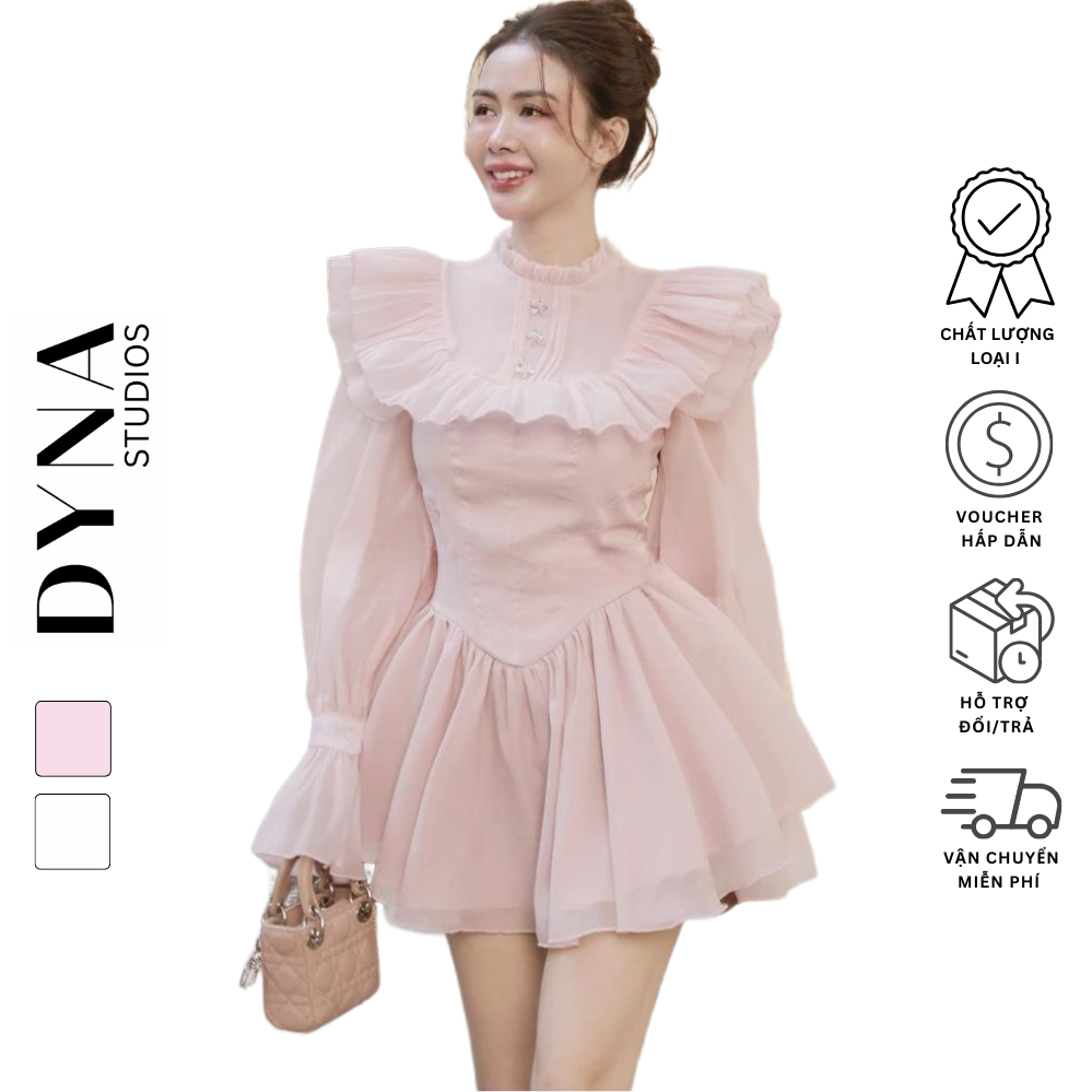 Miss BAGEO silk dress with ruffle collar and stone buttons, flared ...