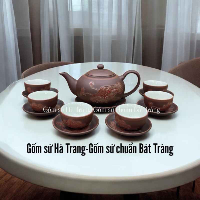 Exquisite lotus engraved tea set from high-quality Bat Trang ceramics ...