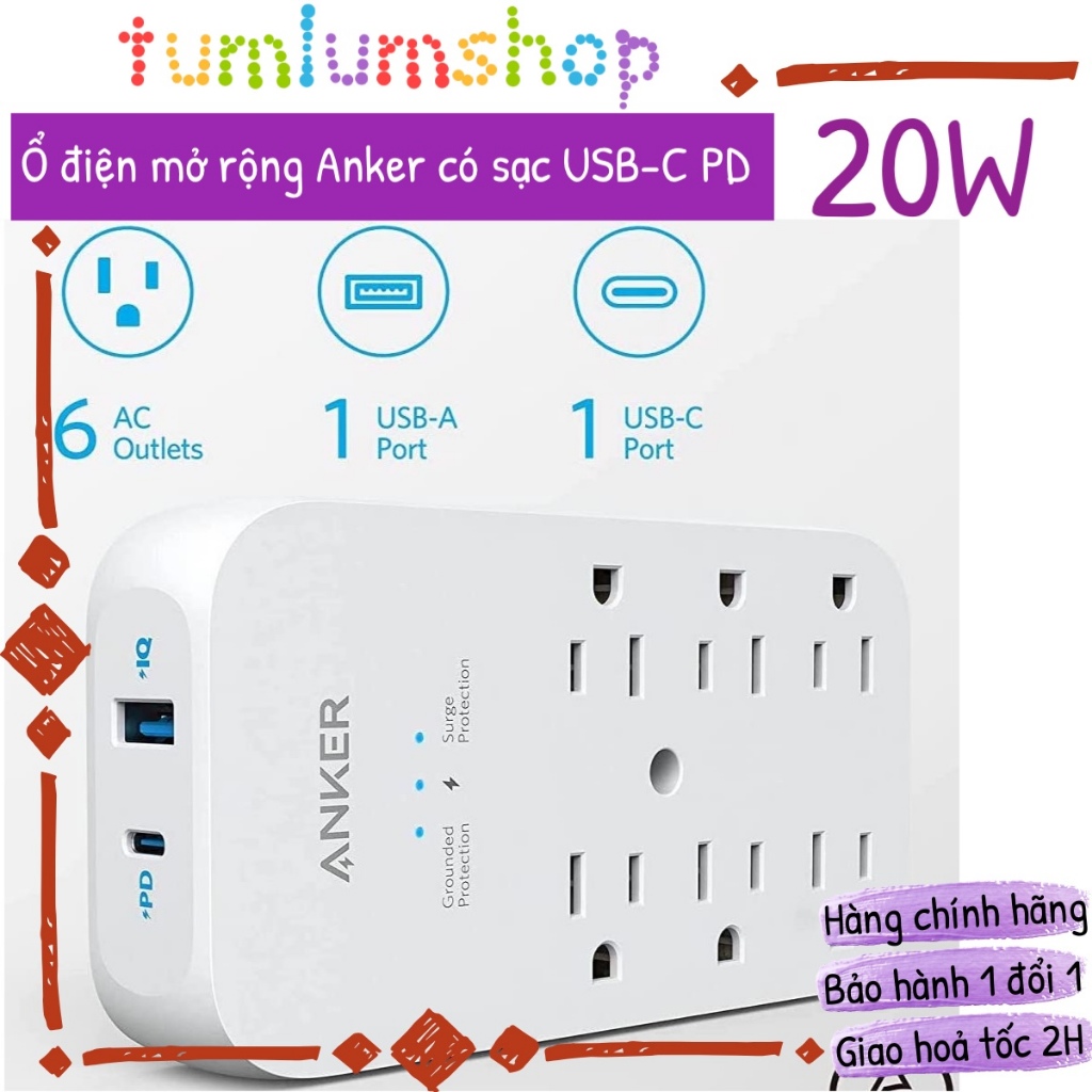 Anker 6-pin extension wireless power outlet with USB-C PD charger 20W ...