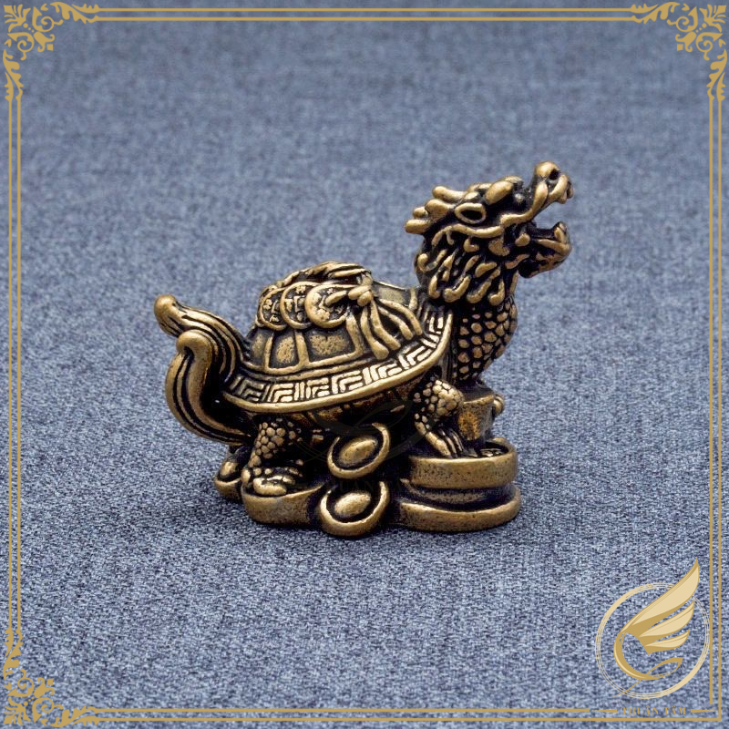 Decor Mini, Statue of Dragon Turtle Carrying Fortune, Golden Bar, Brass ...