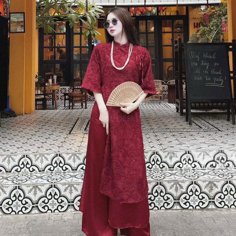 Dona'astore Modern feather ao dai with bow, CNY spring ao dai in 2 ...