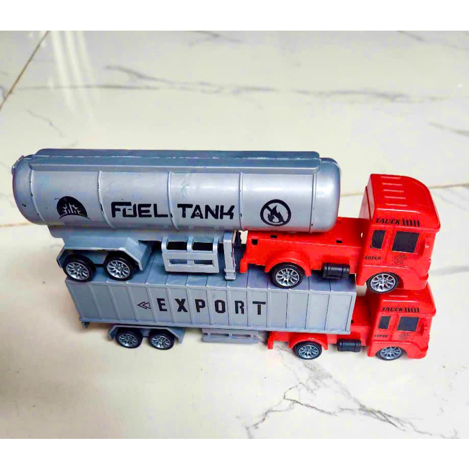 Toy set of 2 vehicles including tank truck and container truck running ...