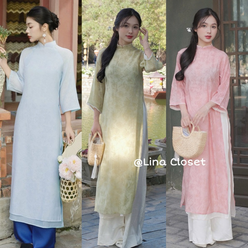 Moc Mien women's modern ao dai in jacquard silk fabric with train collar and loose sleeves with ...