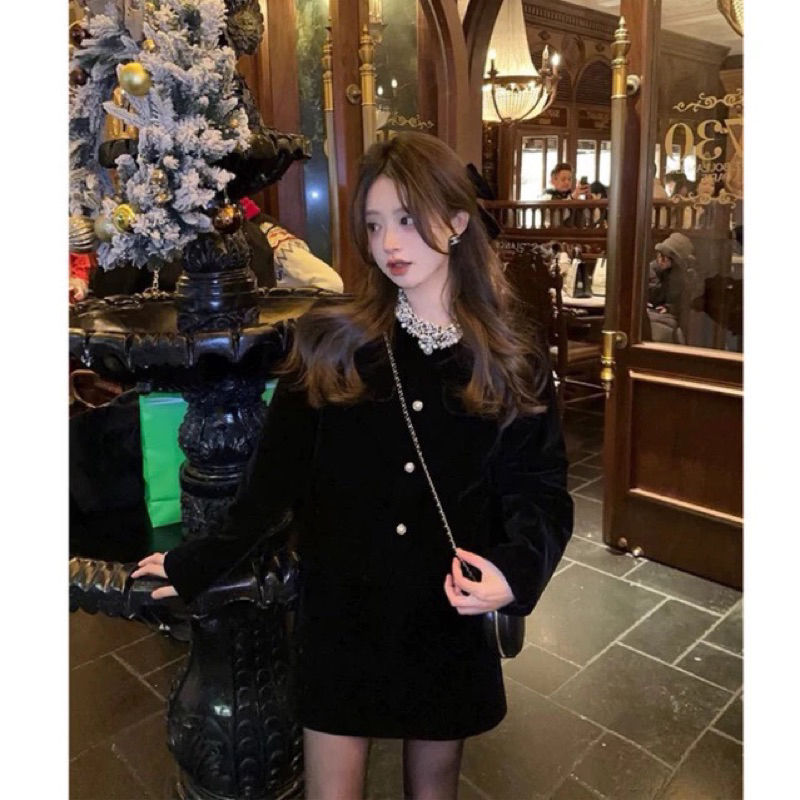 2-layer Velvet Set with Stone Embroidered Collar Mixed with A-Line ...