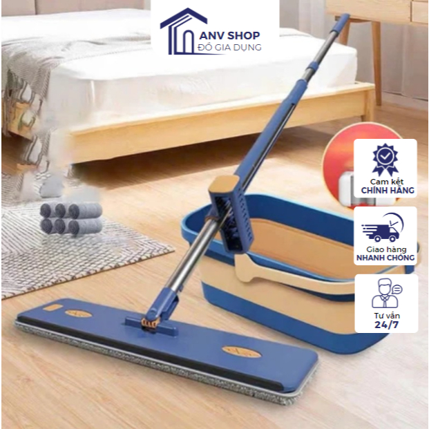 Self-wringing mop set with smart silicone folding bucket (4 mops ...