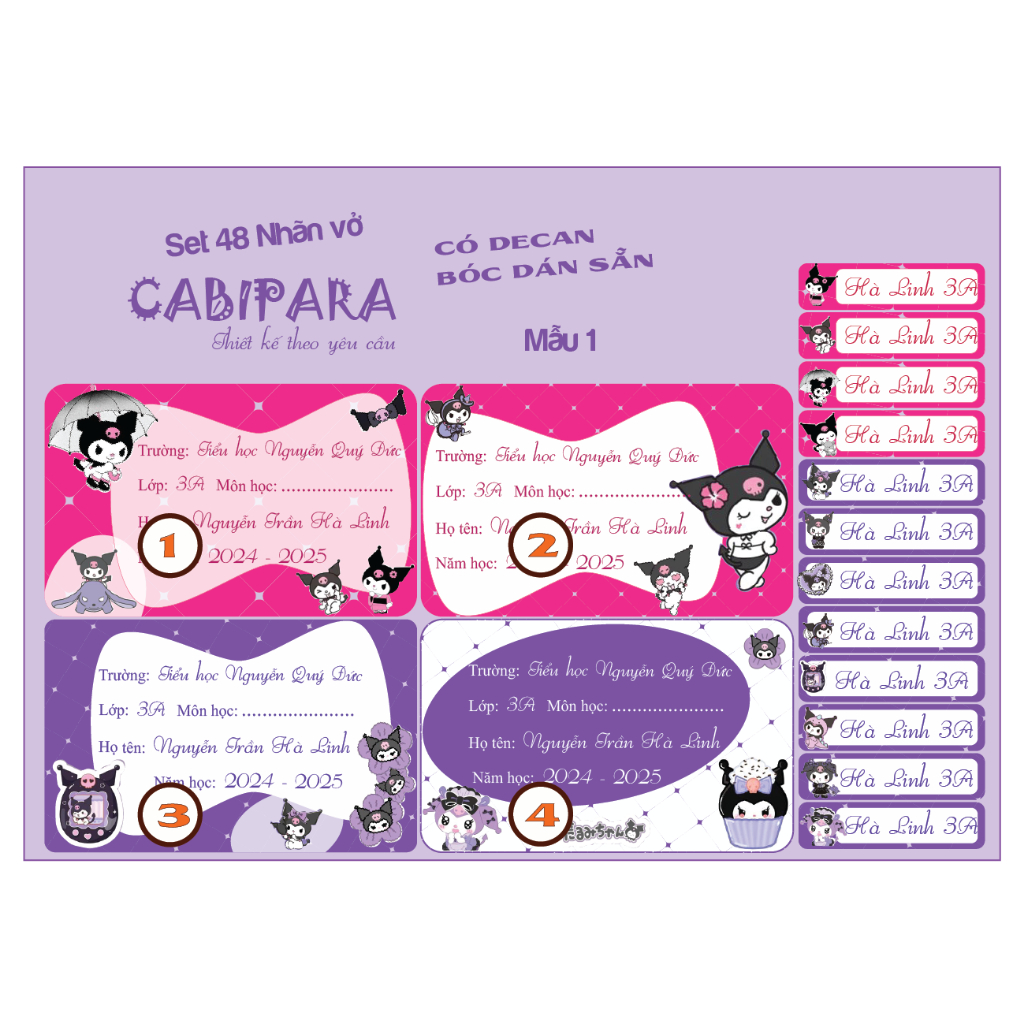 Set of 48 Kuromi notebook labels designed with names printed upon ...