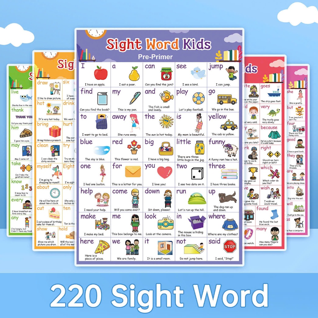 Complete set of 5 posters sight words kids 220 words + mp3 listening ...