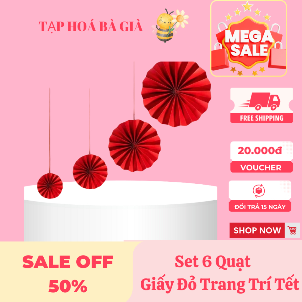 Set of 6 Red Paper Fans Decorative Round Paper Fans CNY Red Folding ...