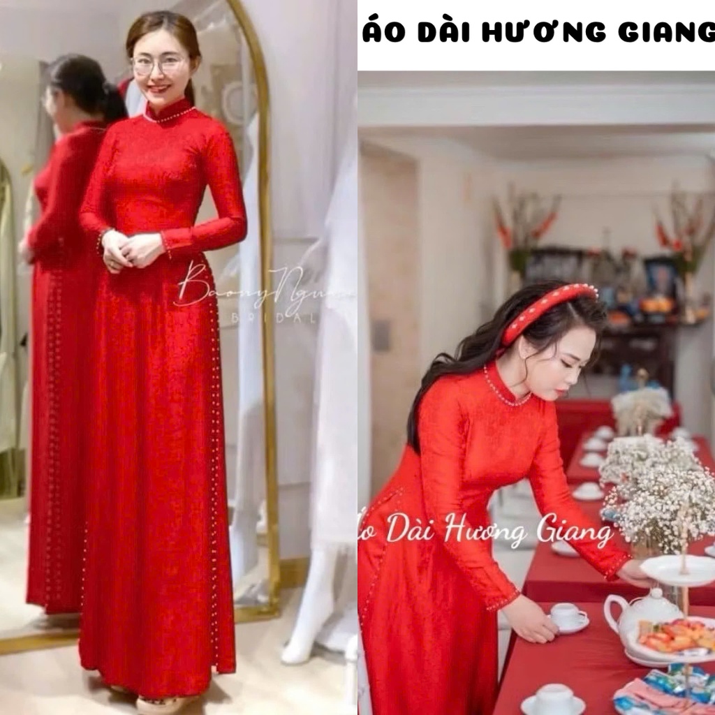 Full, luxurious brocade ao dai with pearls, bridal ao dai, engagement ao dai - Huong Giang Ao ...