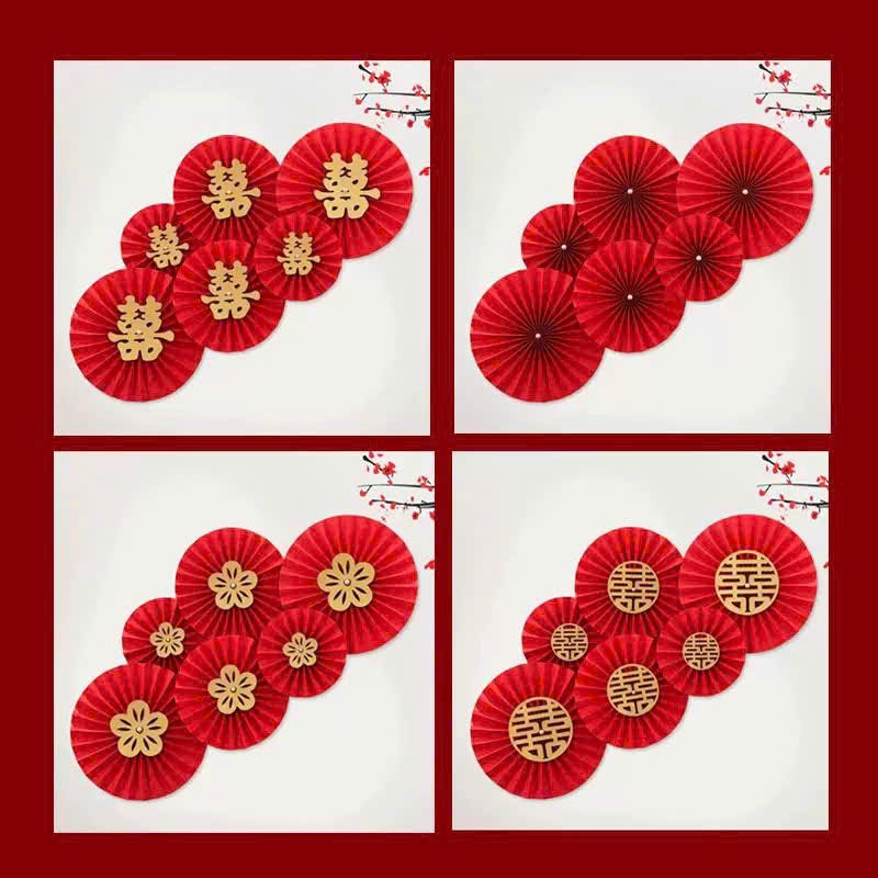 Set of 6 red paper fans to decorate CNY, wall stickers, red folding ...