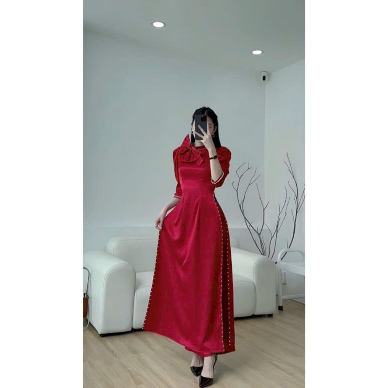 Ao Dai Innovative RedCNY with skirt for women, Red Ao Dai, Ao Dai CNY ...