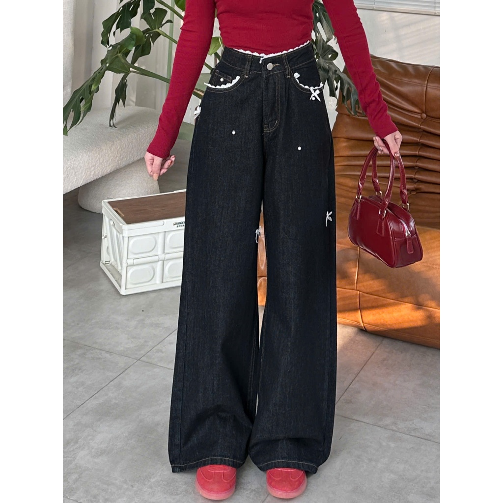 La'mei - Women's wide-leg jeans in charcoal color with lace trim and ...