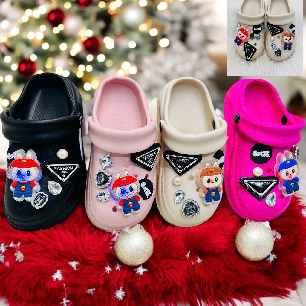 Large form children's slippers with triangle labubu sticker set, soft ...