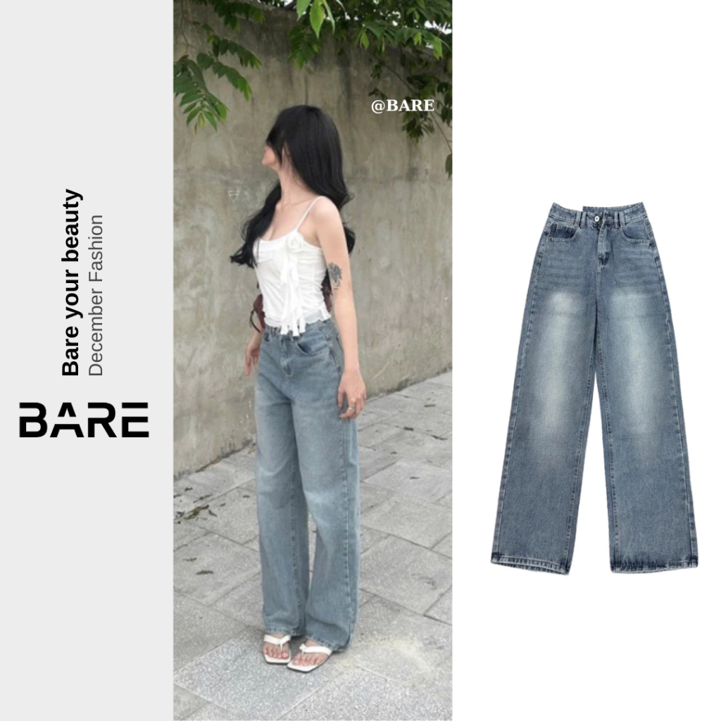 Bare_silver Fabric Plain Jeans, High-Waist Plain Straight-Leg Jeans ...