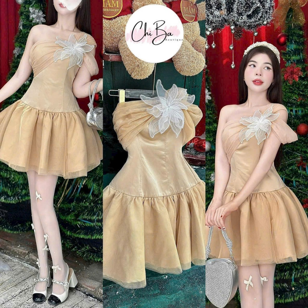 Off-the-shoulder dress designed with big flowers, flared short skirt ...