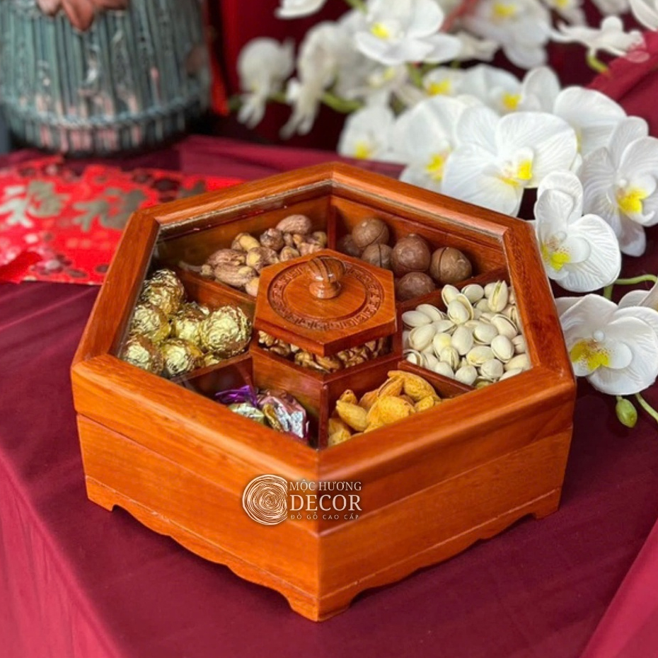 CNY candy tray, CNY candy box made of rosewood with glass surface, 7 ...
