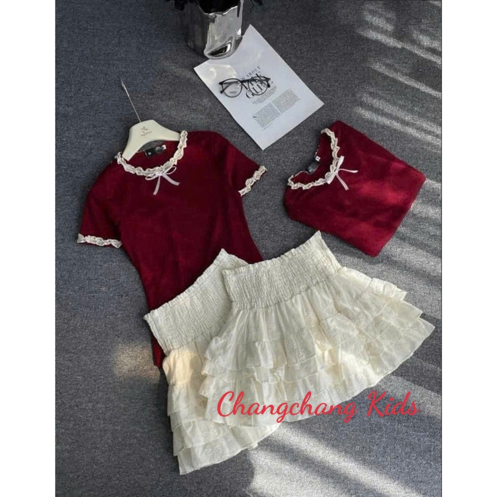 Girls' layered skirt set with ladylike lace top, suitable for mothers ...