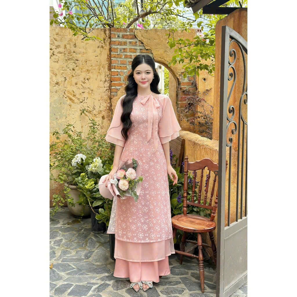 Modern ao dai with bow collar, 4 lovely soft panels, 2-layer chiffon sleeves, Bich Ngoc | Shopee ...