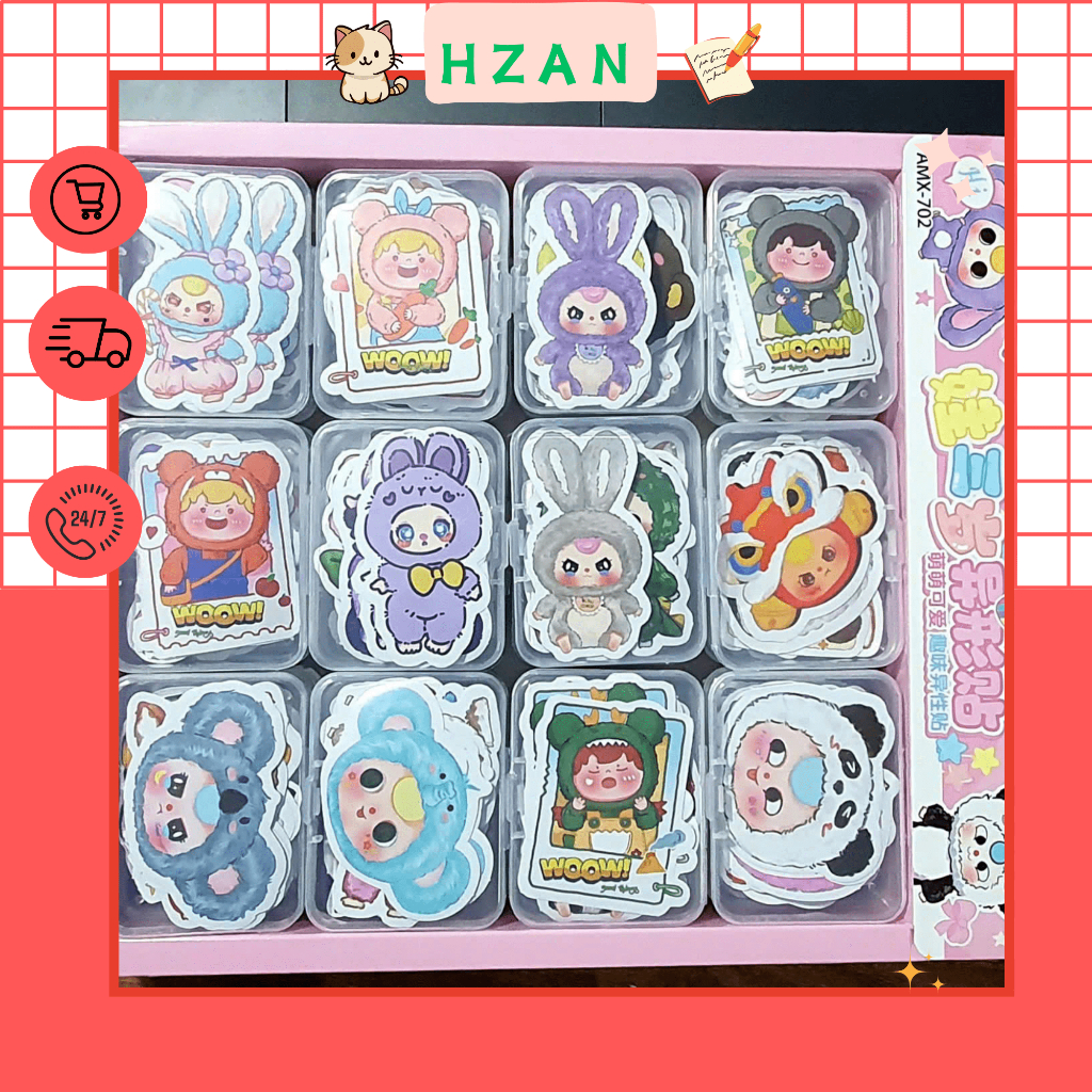 1 Plastic Box of 12 Baby Three Stickers/ Super Cute 3 Mix Baby Stickers ...