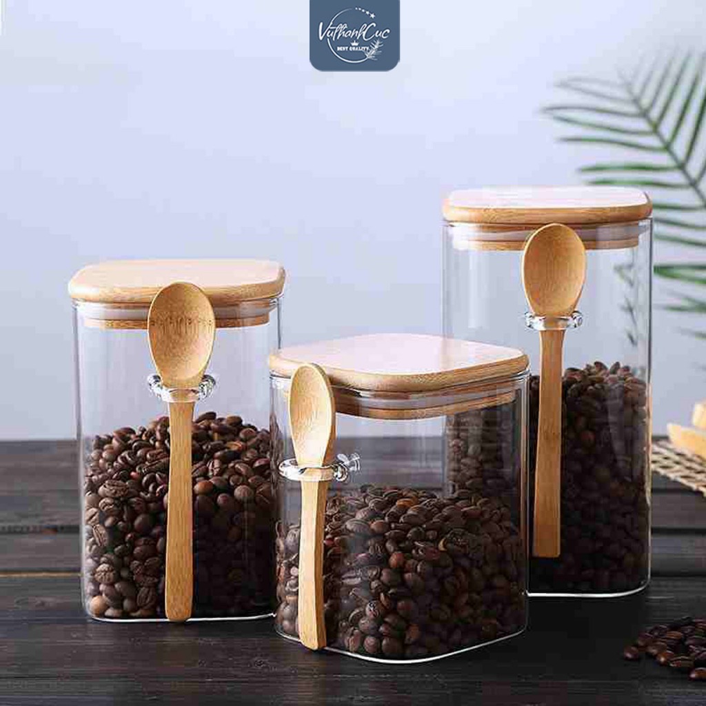 Jar, glass spice jar with bamboo wooden lid, with bamboo spoon 750ml ...