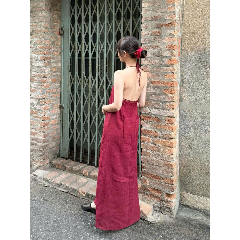 2 layers - Linen long dress with halter neck, cut out back, tie in 2 ...