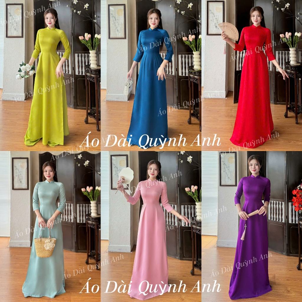 Traditional plain ao dai set with A-line hem in tay Thi silk fabric, 2 ...