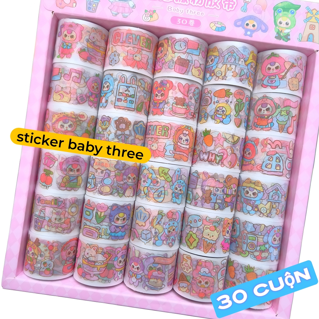 Tray of 30 baby three sticker rolls, baby three roll long sticker ...