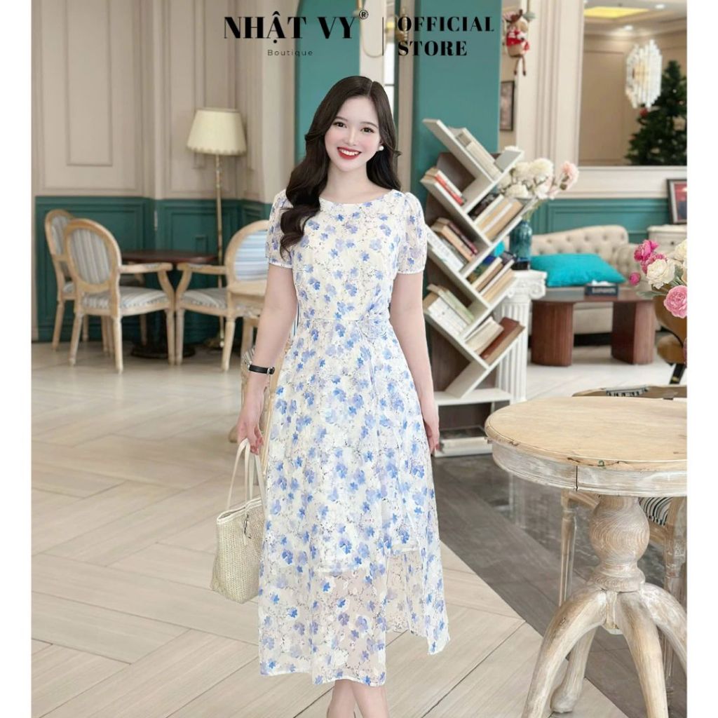 Nhat Vy floral going out dress with boat neck, flared chiffon shape, suitable for gentle street ...