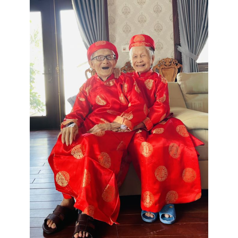 (Red Combo) Ao dai to celebrate longevity and worship Shanghai Brocade + Pants + Khanh Ly Turban ...