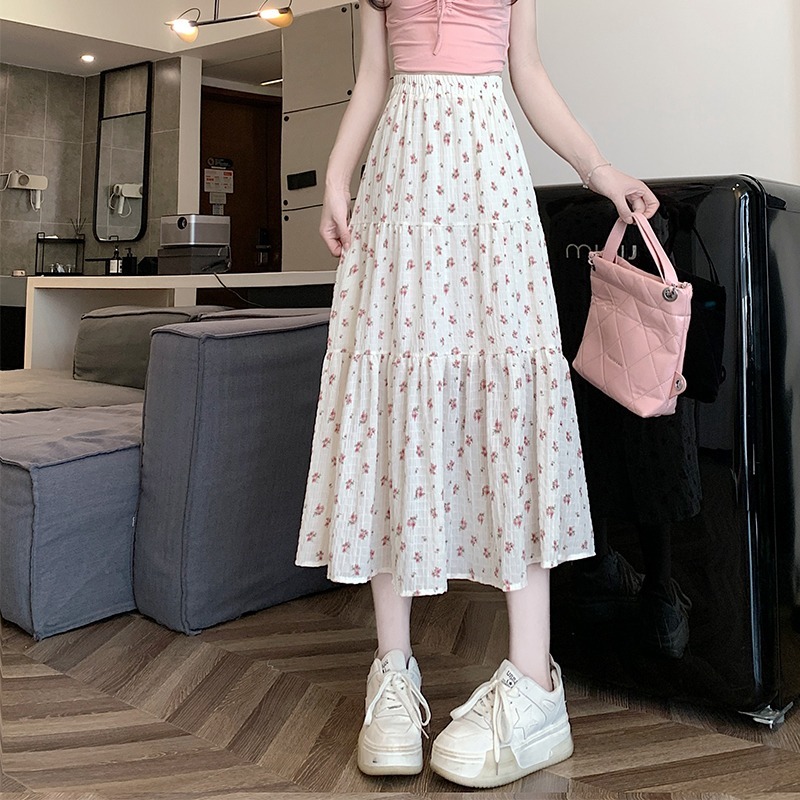 Long Skirt, Flared Skirt, Three-Level Pleated Skirt with Little Flowers ...