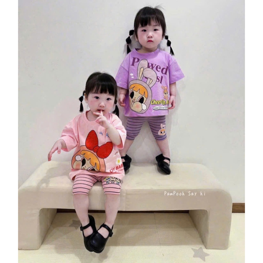 Set of 2 sets of pink and purple powerpuff clothes with cute cartoon ...
