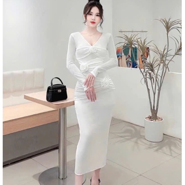 Long V-neck bodycon dress with rhinestones and sexy figure-hugging ...