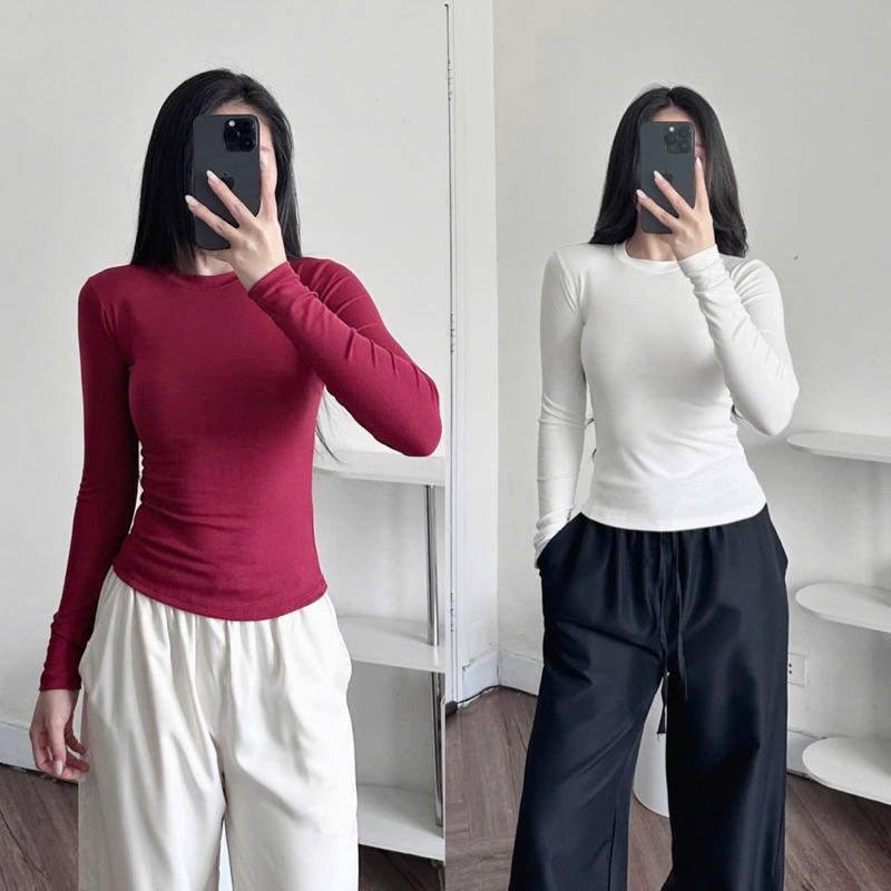 Slim Round Neck Long Sleeve T-shirt in Cool Rip Cotton Fabric | Shopee ...