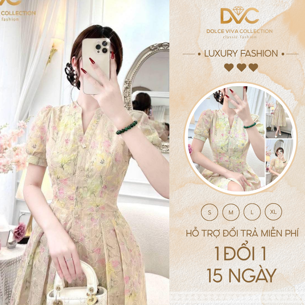 Embossed floral dress with round neck and V-slit design, slightly ...
