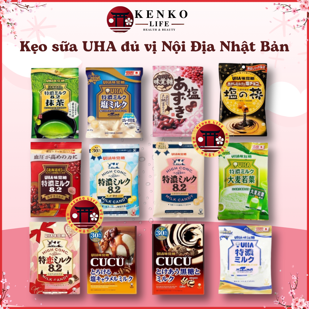 Premium Japanese UHA milk candy with flavors of green tea, barley, cow's milk, red beans, salted ...