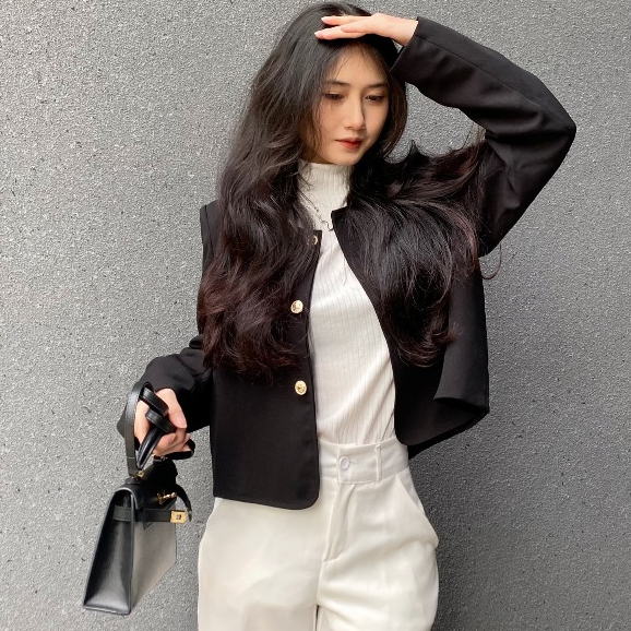 Jacket vest, women's blazer with plain copper buttons, round neck, one ...