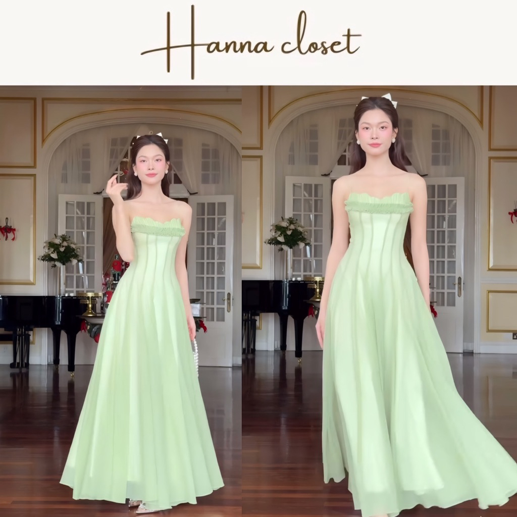 LYLY - Avocado green 2-strap maxi dress, 120cm long, flared waist ...