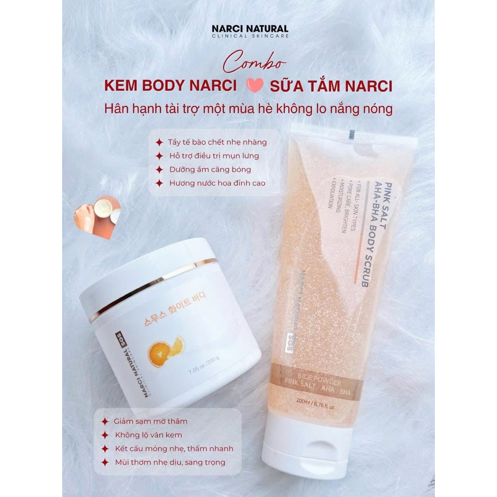 NARCI NATURAL SMOOTH WHITE BODY body Combo 200g + PINK SALT AHA-BHA ...